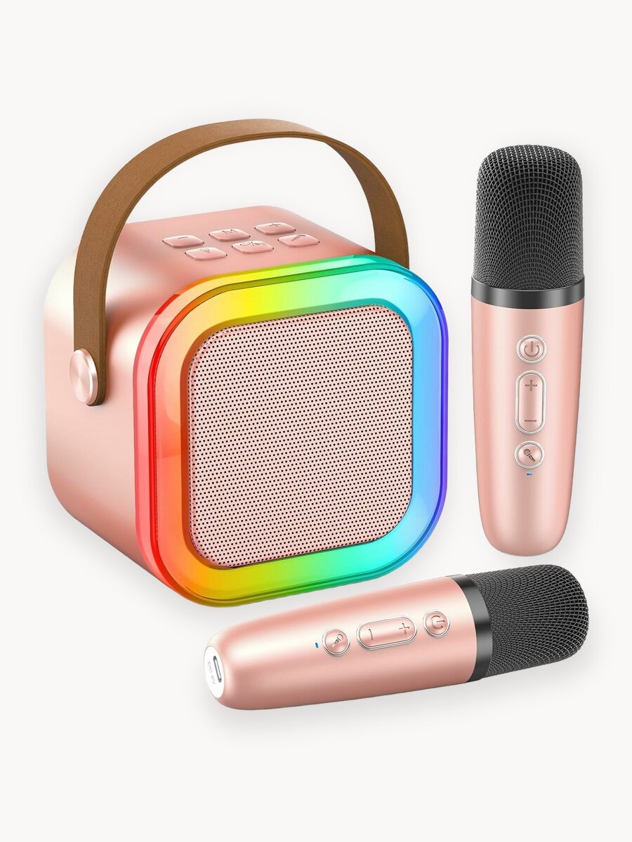 Караоке система , портативная, RGB-подсветка, Bluetooth 5,1, 2 микрофона, розовый