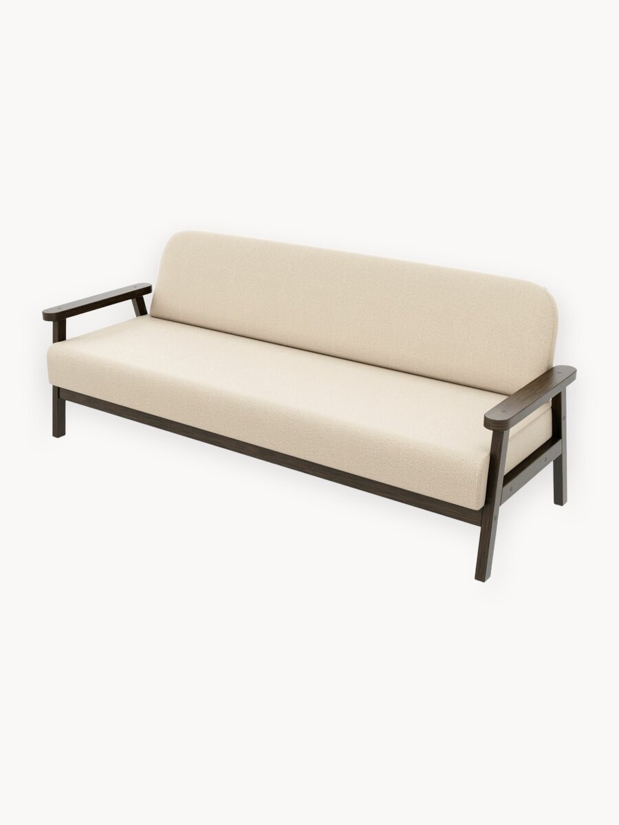 Прямой диван Arsko Флори-Б бежевый-венге, велюр, деревянный, офисный, в гостиную, на кухню, на ножках, скандинавский лофт