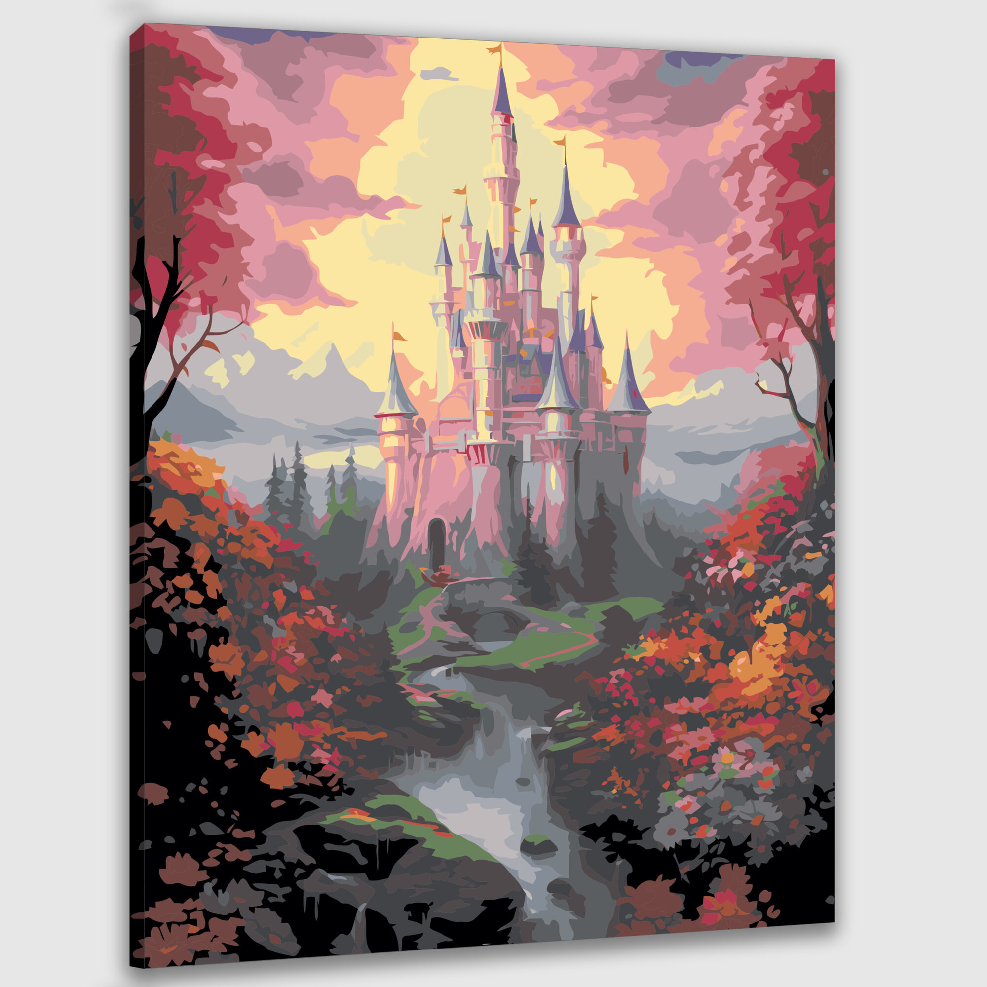 Картина по номерам 40x50 см, картина, масло, сказочный замок, холмы, цветущие цветы, убежище принцессы