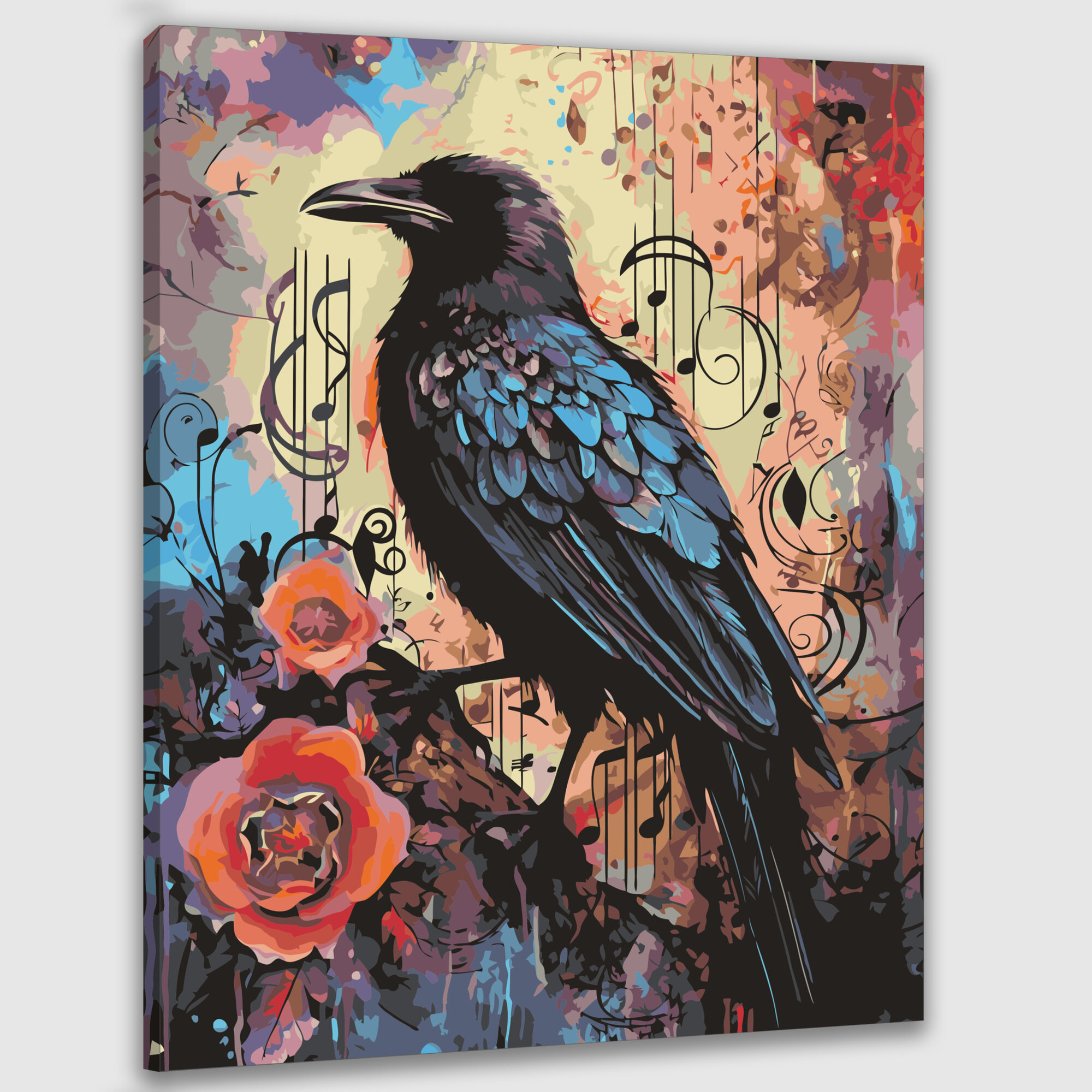 Картина по номерам 40x50 см, ворон, музыкальные ноты, символы, перья, узоры, цвета, воздух, мелодия, тайна, чудо
