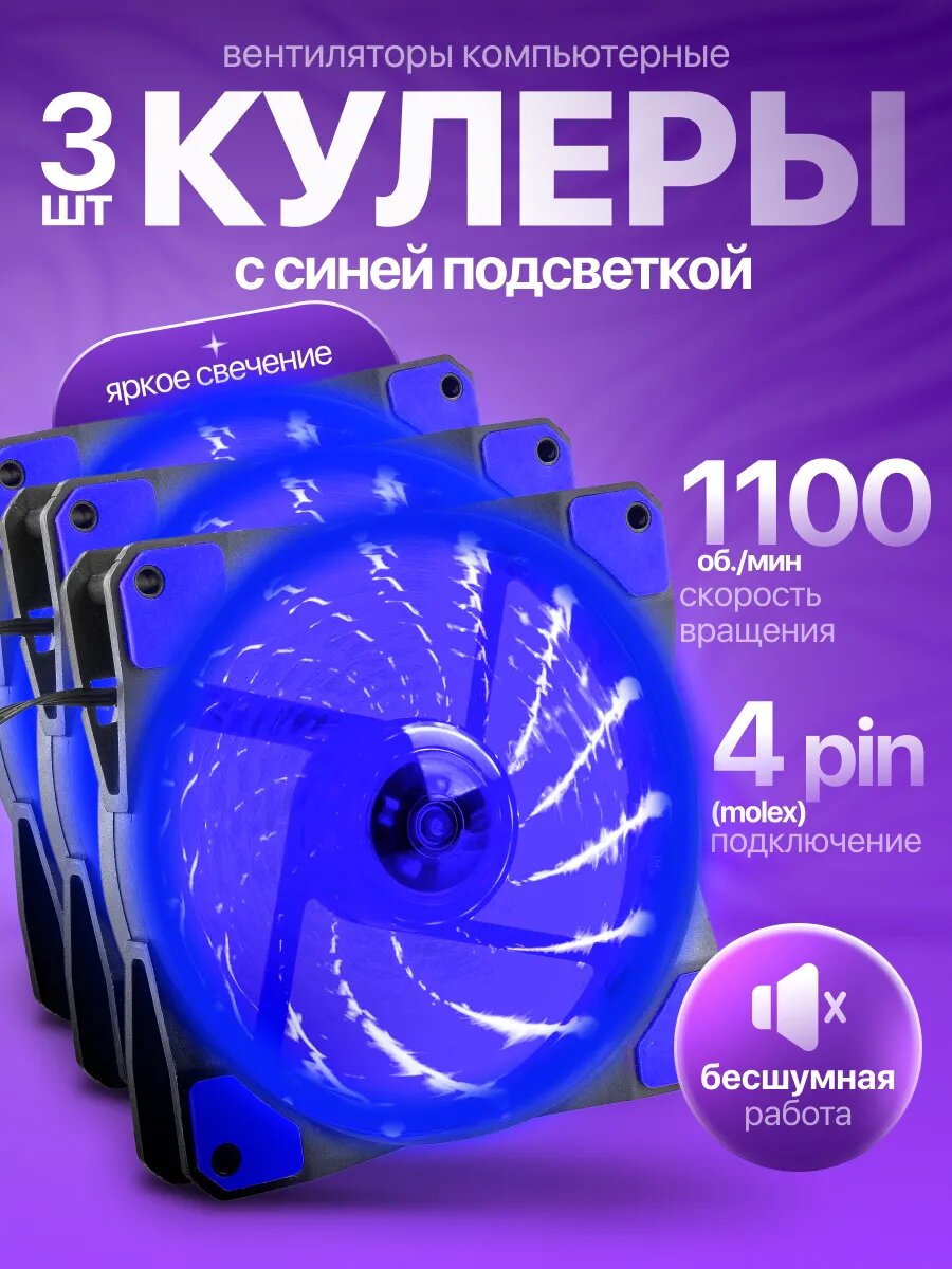Кулер 120мм LED для ПК Синий 3шт