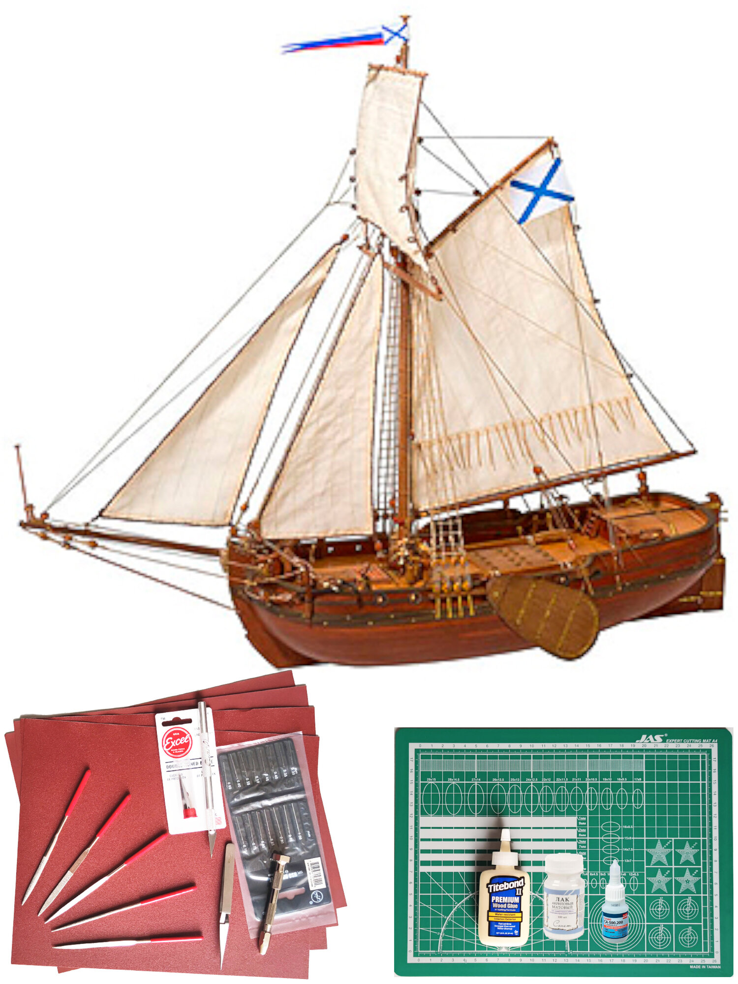 Модель корабля, бот Святой Гавриил, 140 часов, 350х300х150 мм, М.1:72, подарочный набор, инструменты, лак, клея