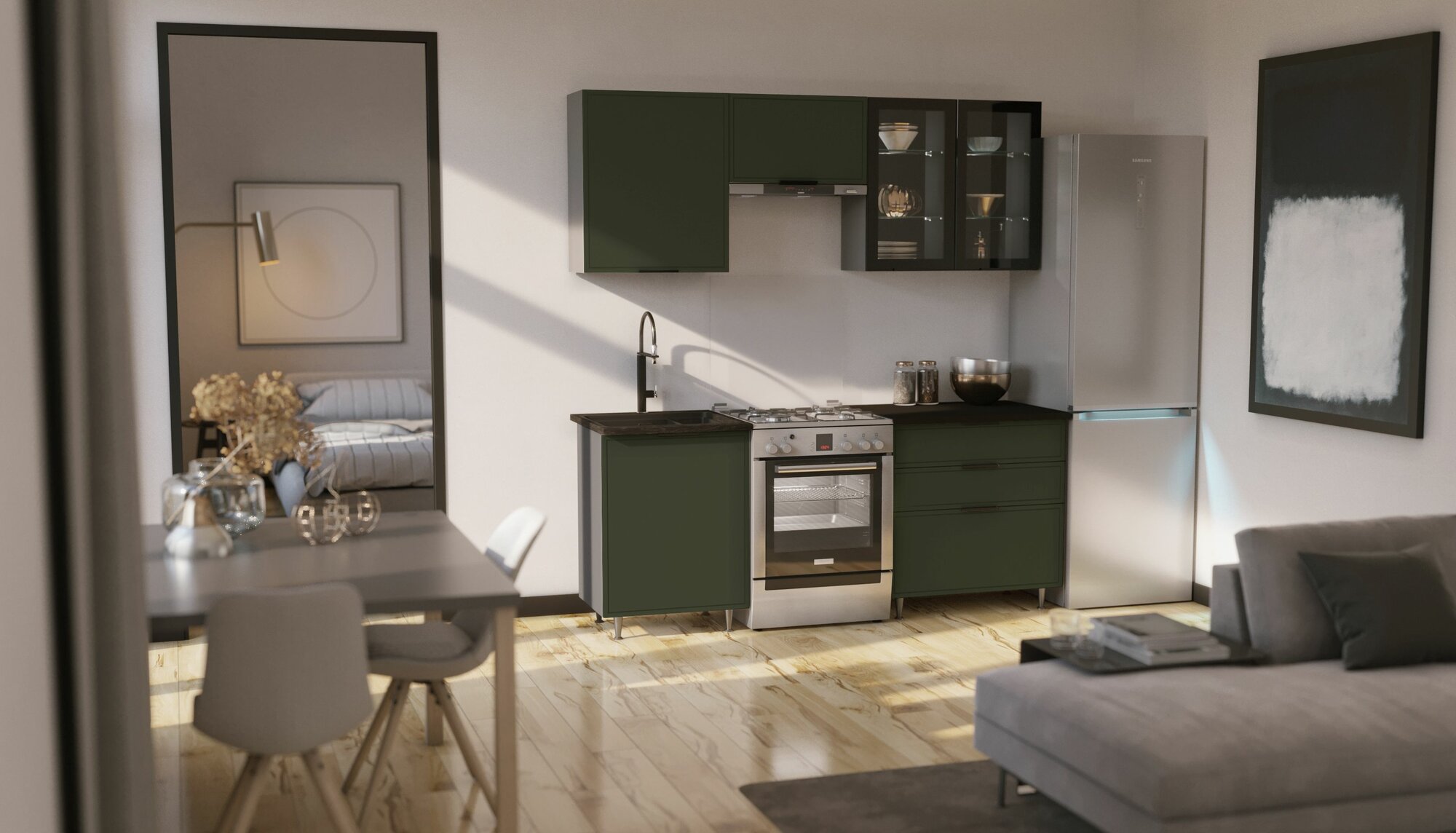 Кухня Николь 2,0м Компановка №2 (Холст темно-зеленый) (Кастилло темный) (Миф)