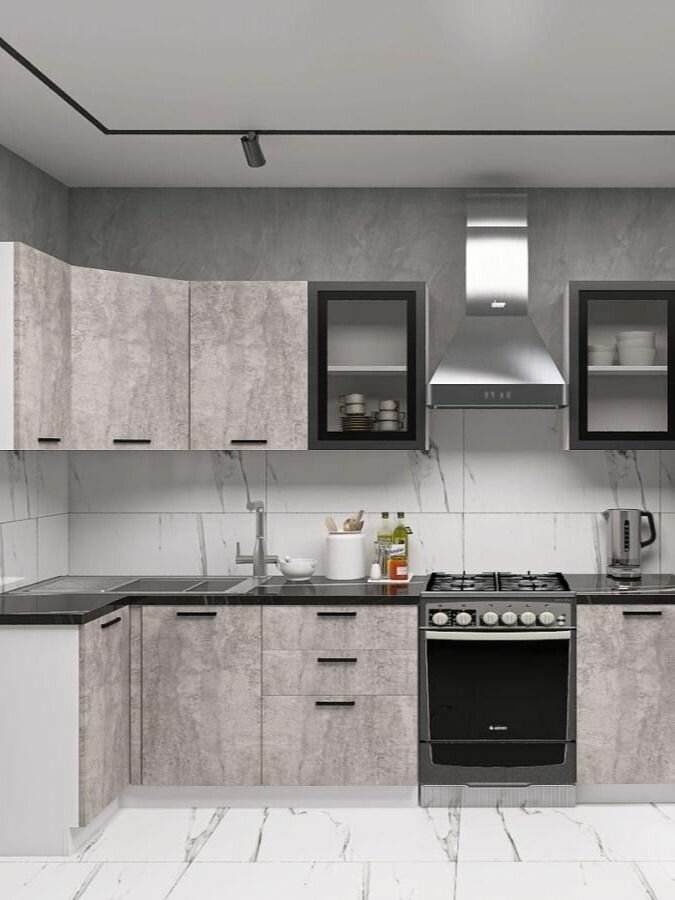 Кухонный гарнитур угловой Урбан 2.1х1 м, мебель для дома и кухни, Белый / Цемент светлый / Черный, стекло