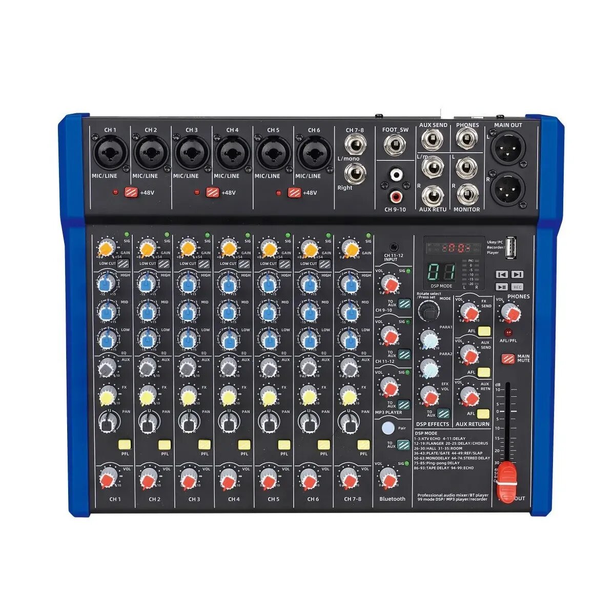 BG B628DSP Пульт микшерный, 4 моно, 1 стерео, 1AUX, DSP процессор 24bit/48KHz, USB MP3 плеер, BT, 3 полосный эквалайзер, фантомное питание