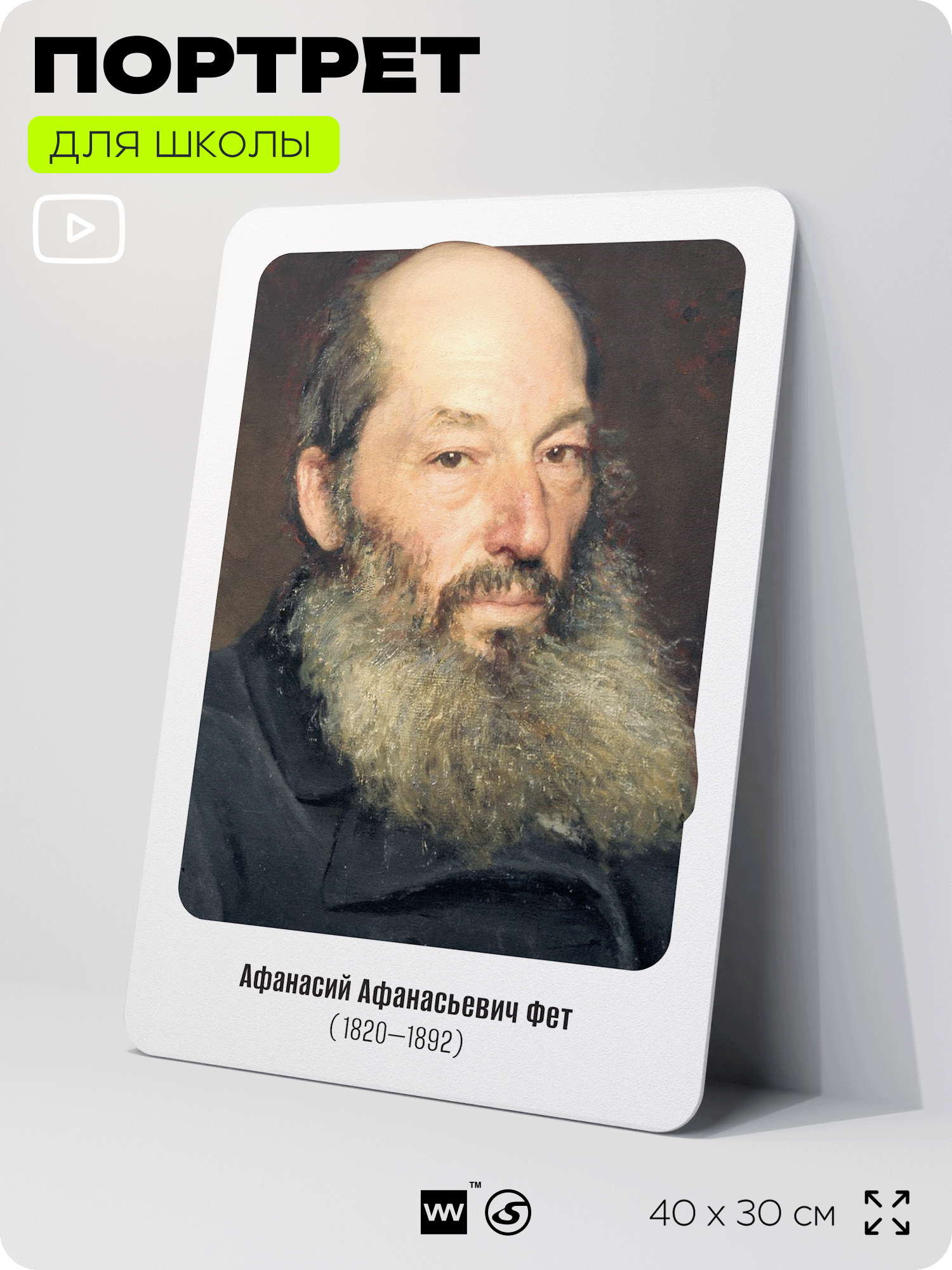 Портрет для школы в кабинет литературы и русского языка "Фет Афанасий Афанасьевич", стенд школьный для класса, для оформления классного уголка, 40х30 см, Silver Plane x Айдентика Технолоджи