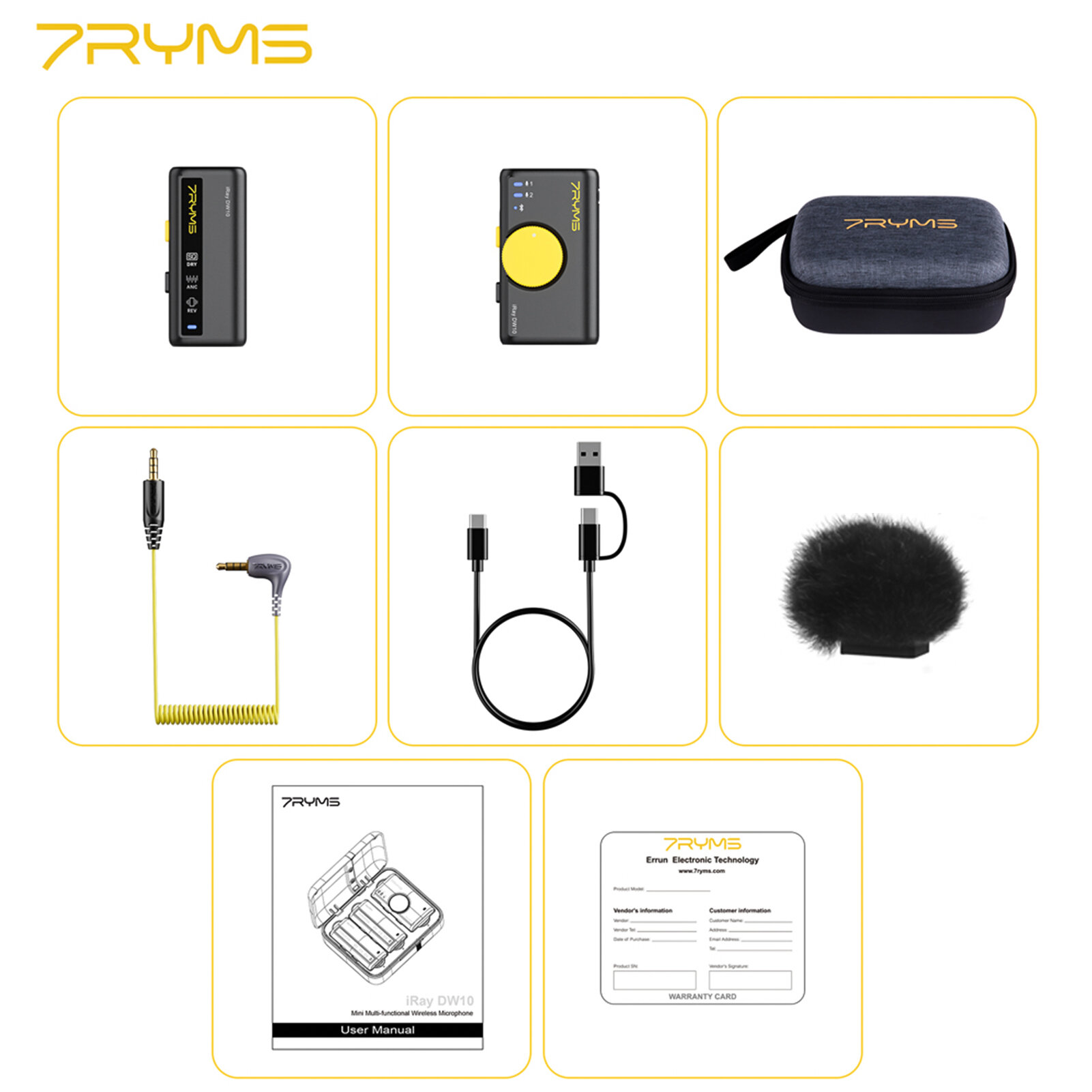 7RYMS iRay DW10 Беспроводная микрофонная система с 1 приемником и 1 микрофоном Дальность передачи 200 м Продолжительность 15 ч Интеллектуальное шумоподавление Встроенный BT 5.3 Совместимость с телефонами Android Компьютер Ноутбук Камера для прямой