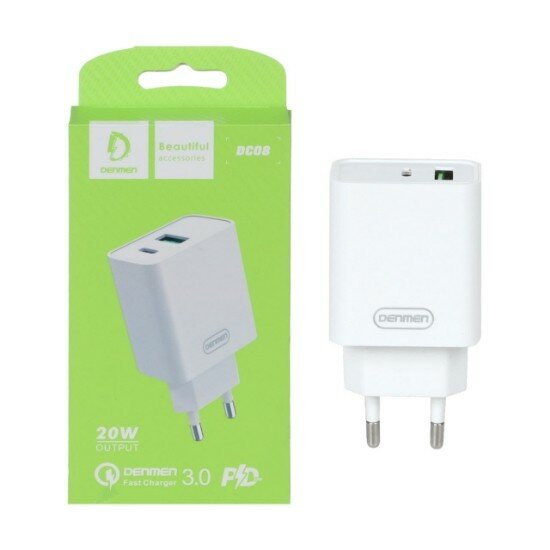 Адаптер питания сетевой Denmen DC08 PD 20W, 3.6А, 1 USB/1Type-C, 5V/9V/12V, пластик, белый, фирменная упаковка