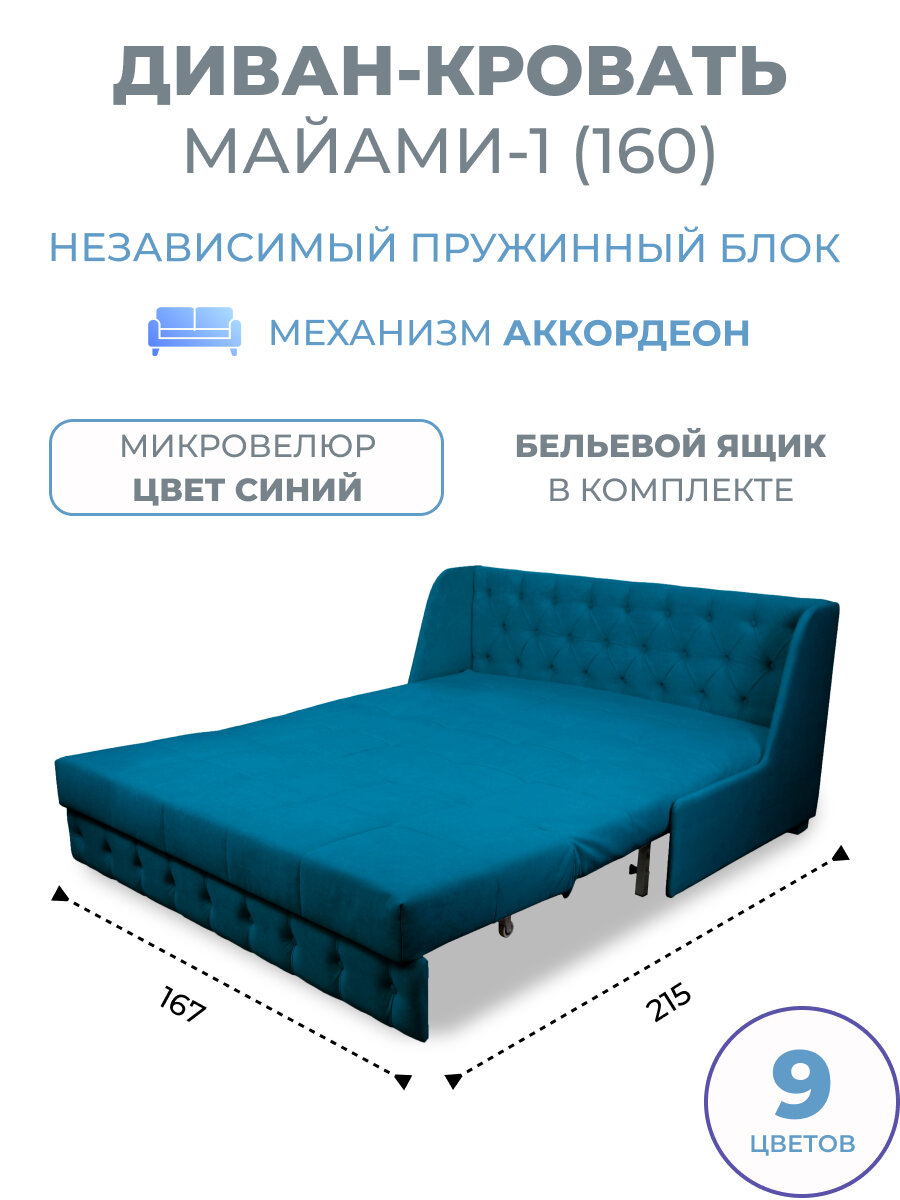 Диван кровать раскладной Майами-1 (160) независимый пружинных блок аккордеон велюр темно-синий Grand Family