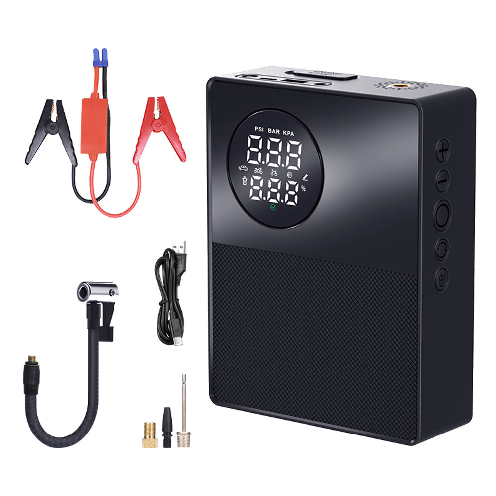 Стартер для автомобиля с компрессором 1000A пиковый ток, подходит для двигателей до 4.0L бензиновых или 2.5L дизельных, с LED-освещением, функцией power bank, цифровым надувателем 150PSI, черный цвет, материал ABS, ёмкость батареи 6000mAh/8000mAh