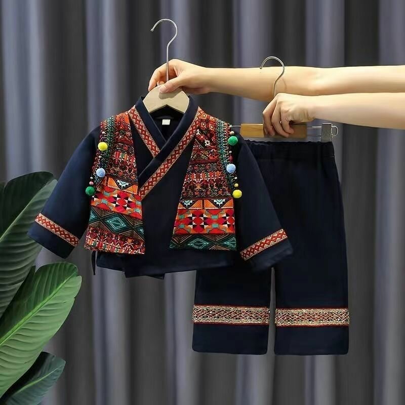 Костюмы для выступлений Мяо Синьцзян, темно-синие, для детей
