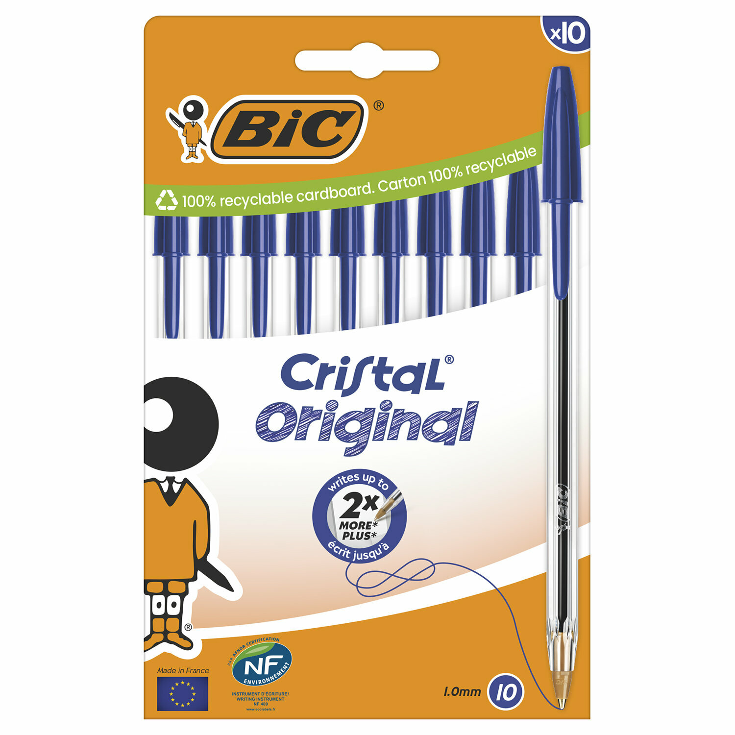 Ручки шариковые BIC "Cristal Original", набор 10 шт, Синие, узел 1 мм, линия письма 0,32 мм, пакет, 830863