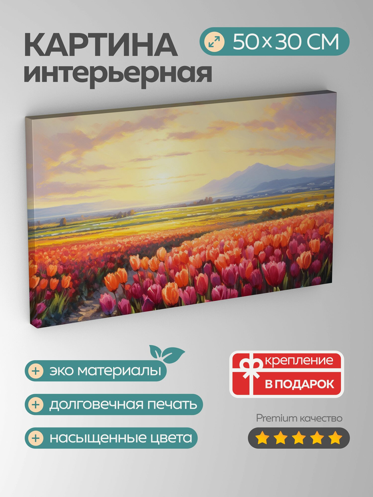 Картина на холсте интерьерная 50х30 см, картина, масло, поле, тюльпаны, цвета, весна, расцвет, композиция, вид, свет