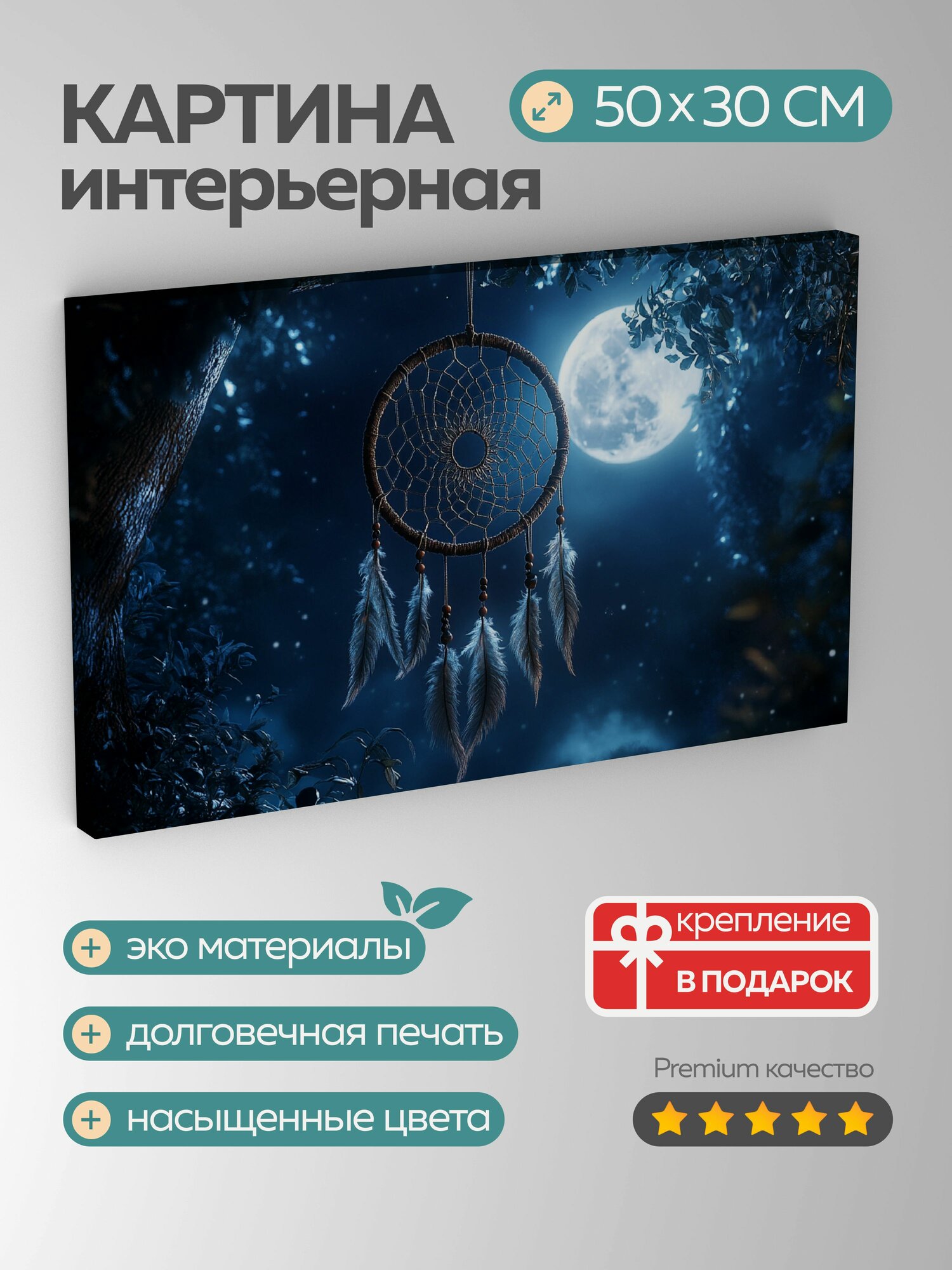 Картина на холсте интерьерная 50х30 см, Ловец снов, полная луна, ночное небо, перья, бусины, лунный свет, волшебство, f