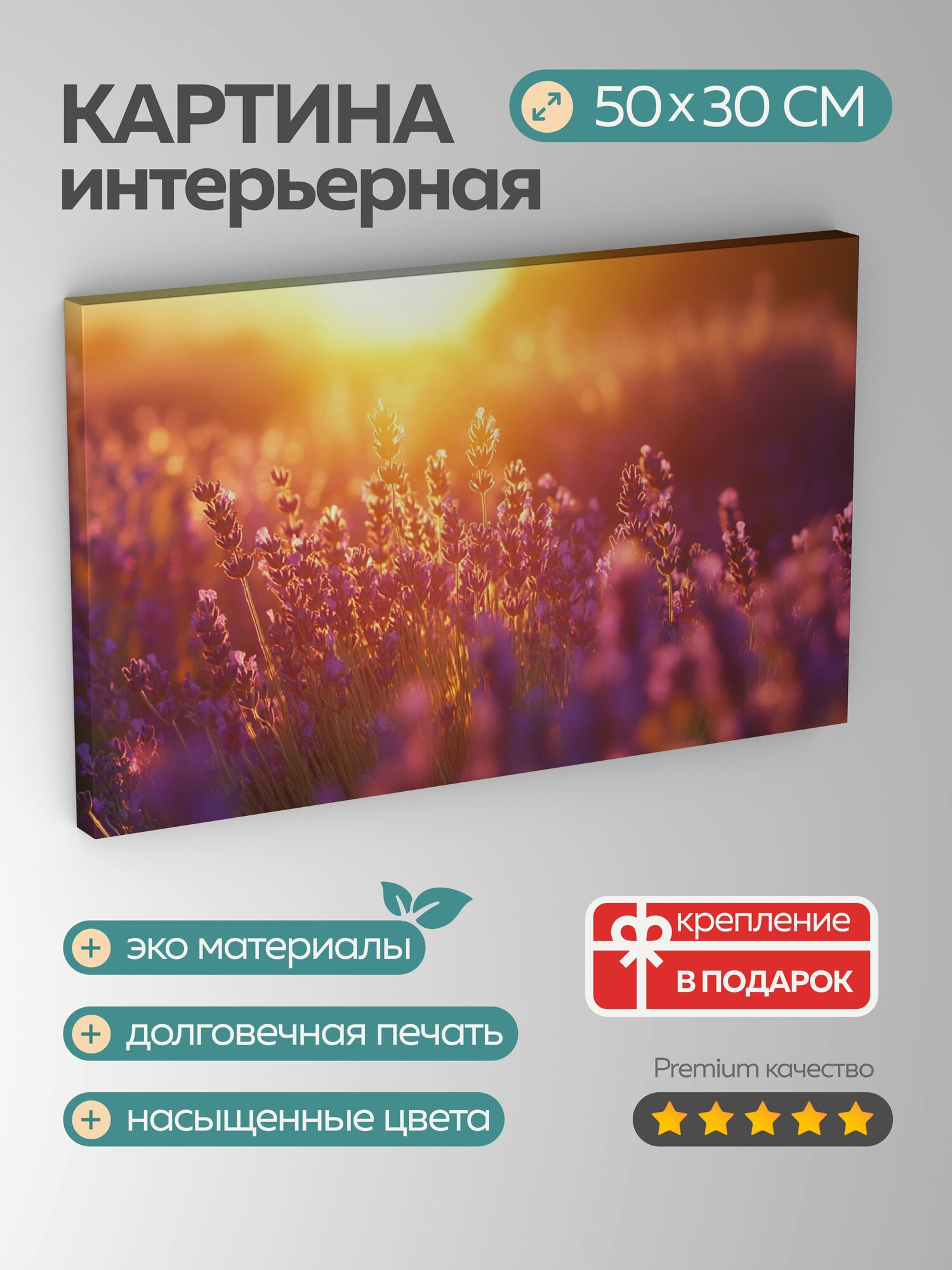 Картина на холсте интерьерная 50х30 см, лучезарный закат, лавандовое поле, пленительные оттенки, теплый отблеск