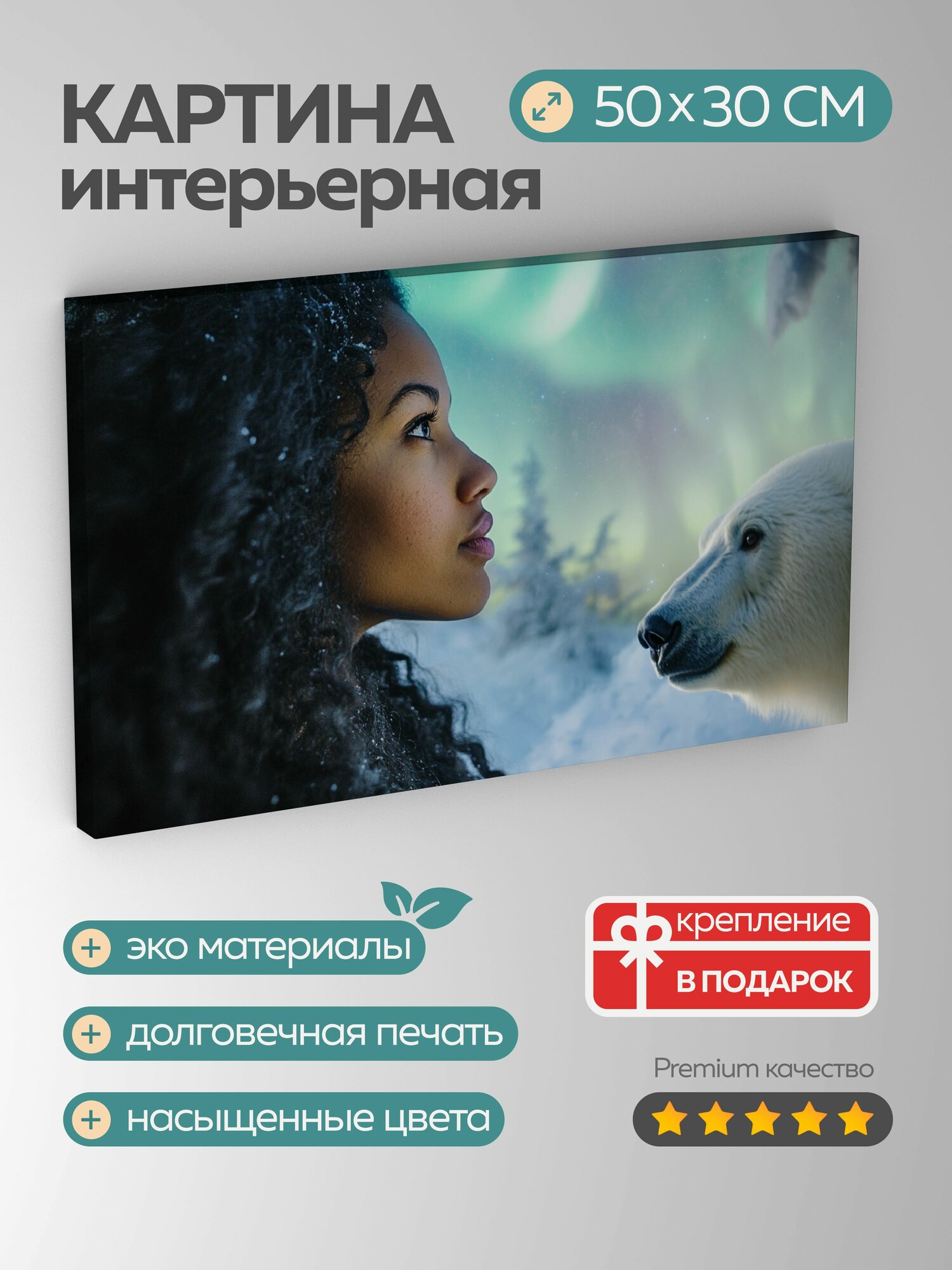 Картина на холсте интерьерная 50х30 см, медведь, ледник, северное сияние, мех, Canon EF 100-400 мм, фотография, детали