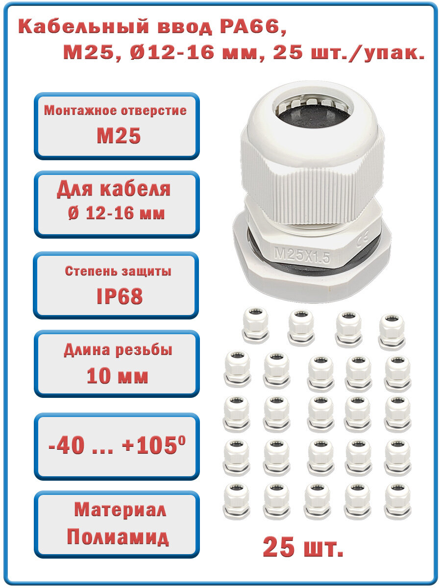 Кабельный ввод пластиковый, М20, 6-12 мм, светло-серый, 25 шт./упак, M20-6-12-10-gr-25