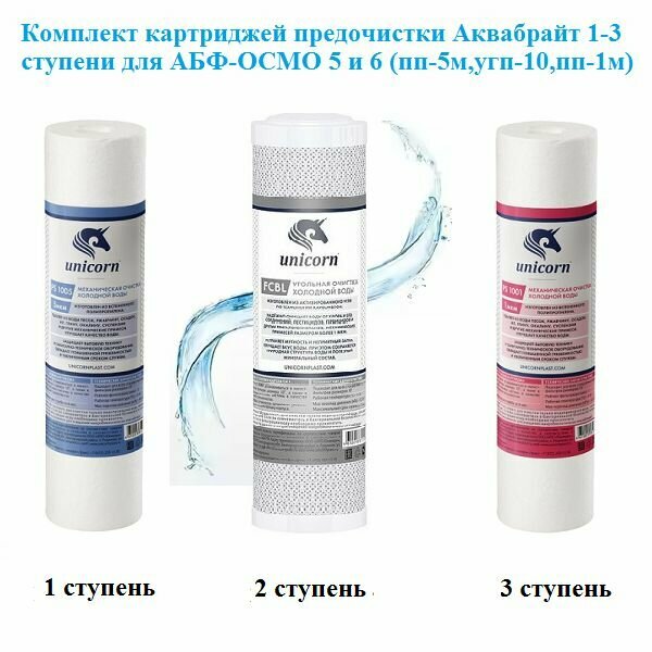 Комплект картриджей предочистки 1-3 ступени для абф-осмо 5 и 6 (пп-1м, угп-10, пп-5м)