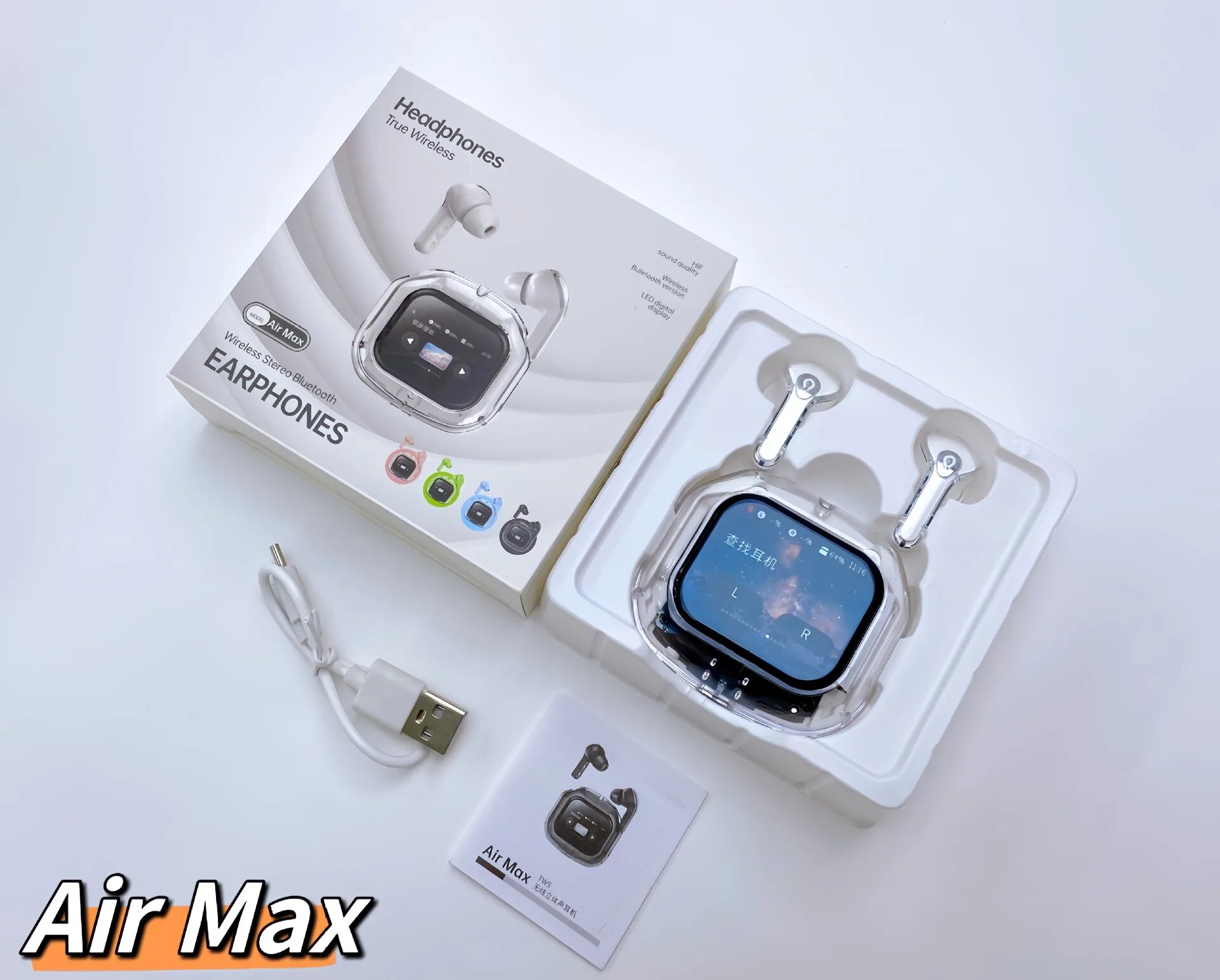 Hot Selling Crystal Bluetooth Headphones In-ear LCD Touch Color Screen Noise Reduction Transparent Ultra Long Life Headphones