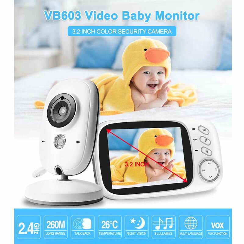 VB603 Видео Детский монитор 2.4G Двусторонняя акустическая камера ночного видения с температурным дисплеем.