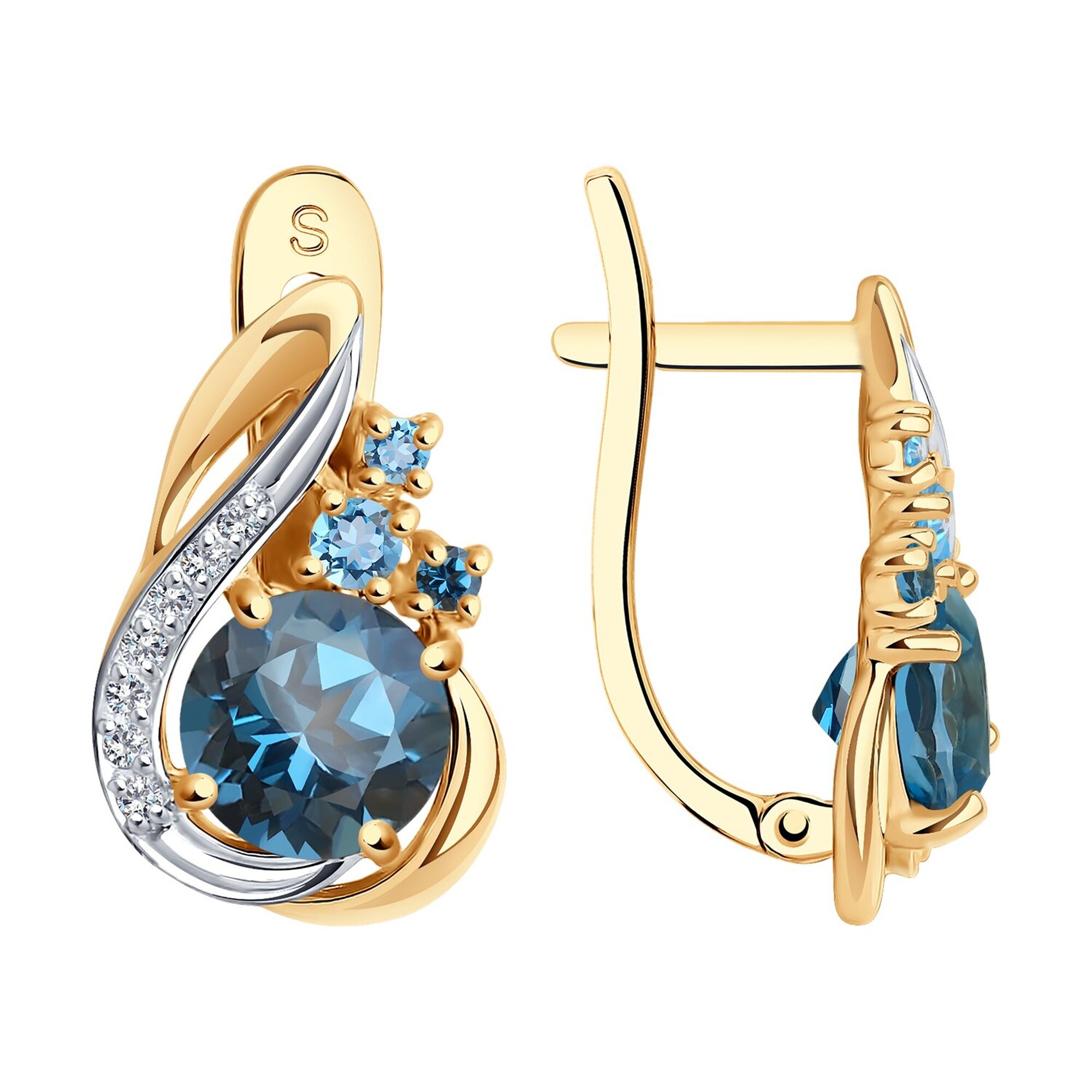 Серьги, красное золото, 585 проба, Лондон топаз, фианит, топаз