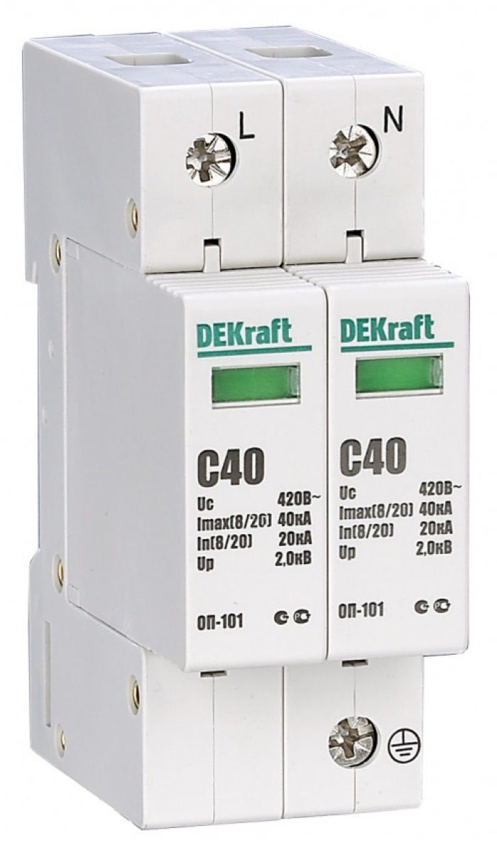 Ограничитель перенапряжения DEKraft / ДеКрафт ОП-101 модульный, 1P+N, 440В 2кВ 40кА / электрика