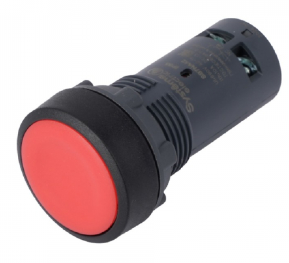 Кнопка управления Systeme Electric / Систем Электрик SB7 моноблочная с возвратом, красная IP65, пластик 1НО+1НЗ, под отверстие диаметром 22мм, SB7NA45 / кнопочный пост