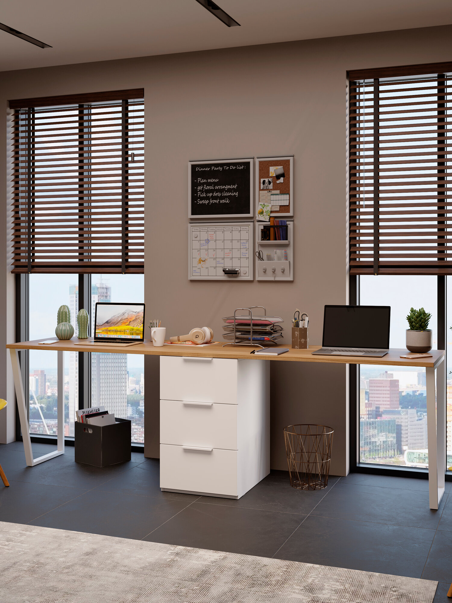 Комплект столов письменных 240х75 см, с тумбой ТриЯ Порто Белый жемчуг/Яблоня беллуно/Белый софт