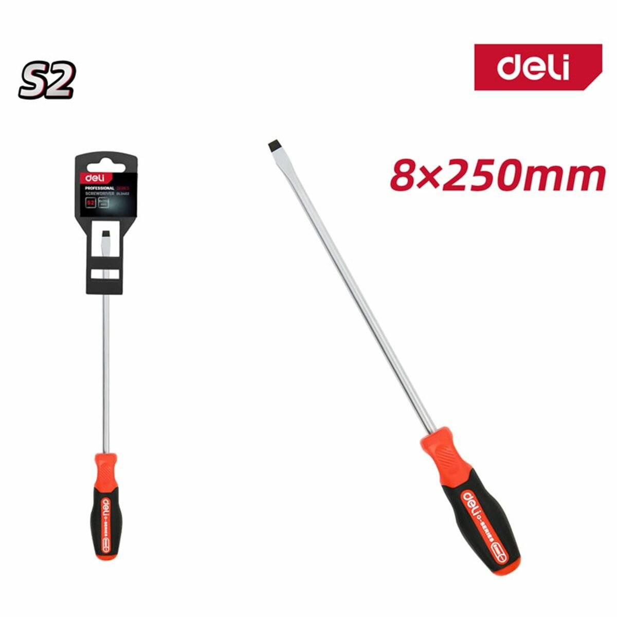 Шлицевая отвертка SL8x250мм Deli DL3452 сталь S2, магнит, прорезиненная рукоятка