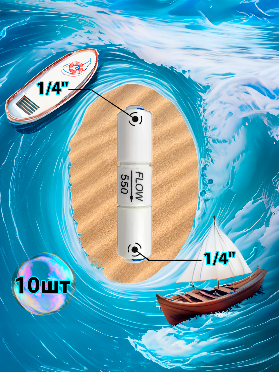 Ограничитель потока flow 550мл 1/4" трубка - 1/4" трубка (фитинги съемные для осмоса и фильтра) 10шт.