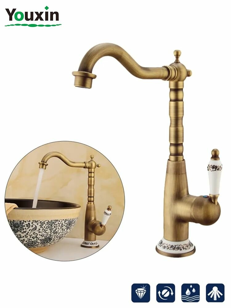 Старинный латунный кран для ванной комнаты, кухонные принадлежности, вращающийся керамический кран