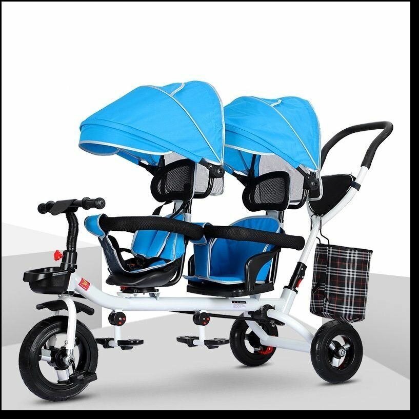 Коляска для новорожденных, для близнецов, текстиль/эко-кожа, трехколесная, складная, синяя