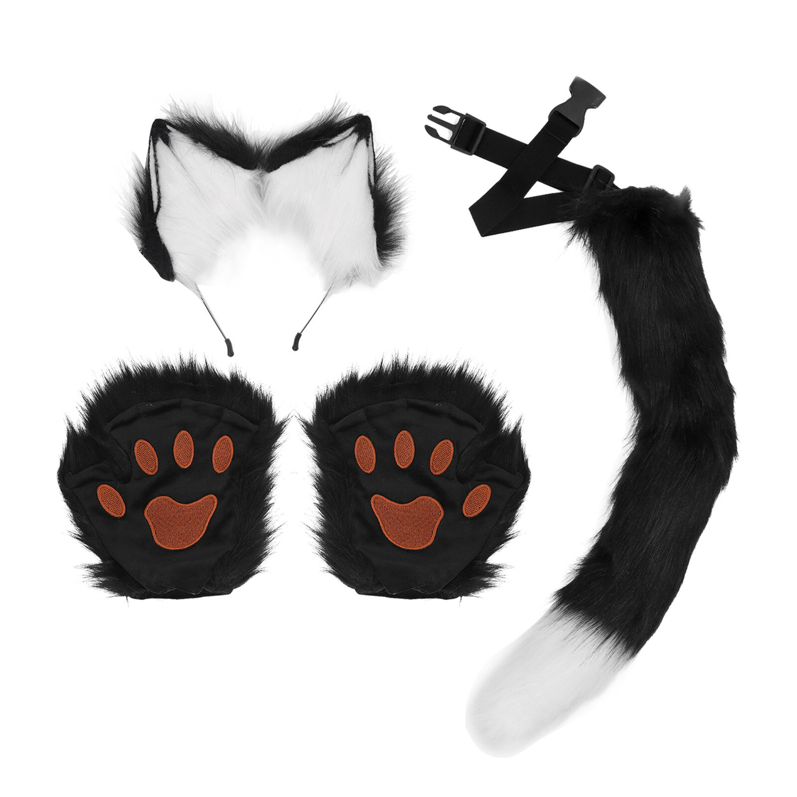 Набор ушей, лап и хвоста из плюша: Высокая имитация, искусственный мех, волчьи уши, кошачий хвост и