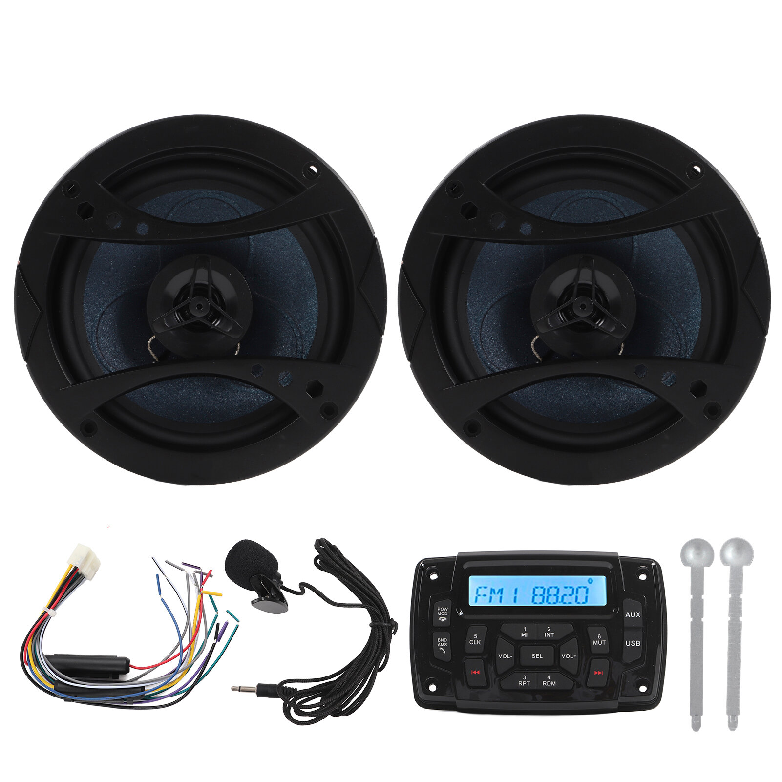 Аудиосистема AM/FM тюнер, 40 Вт, IP66, Bluetooth, с парой 6.5-дюймовых черных динамиков, для автомобиля, лодки.
