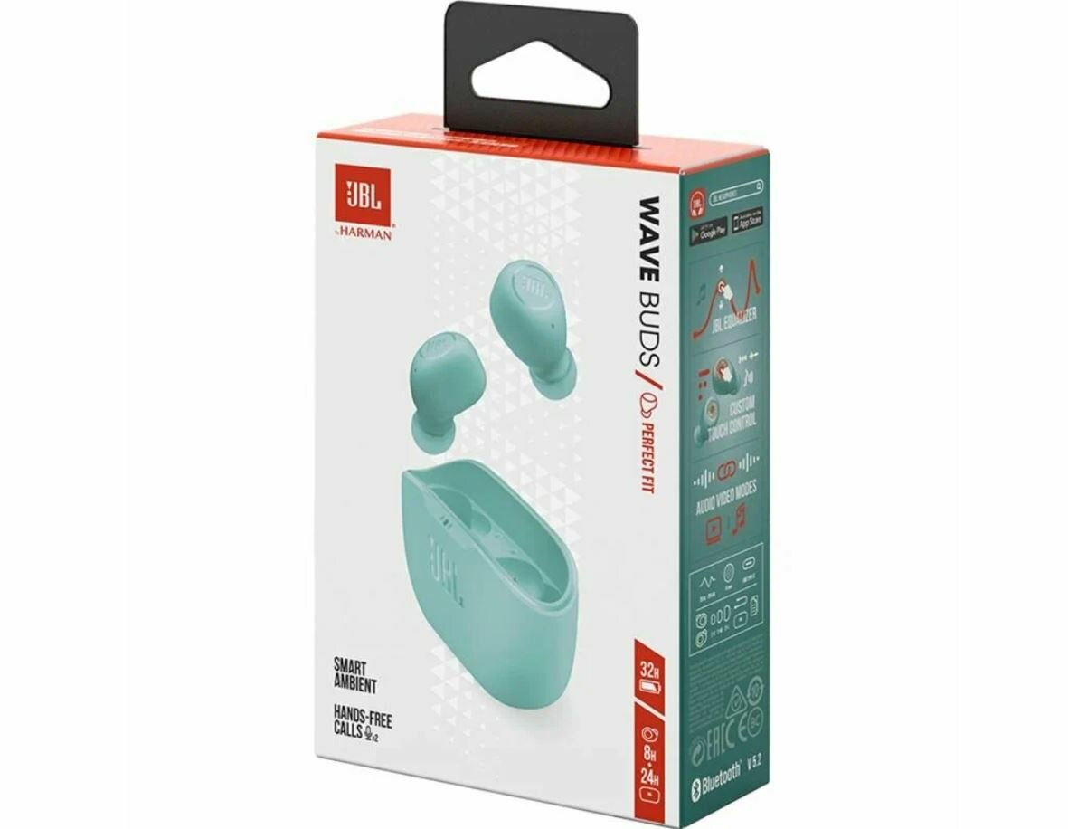 Наушники JBL Wave Buds мятные, внутриканальные, беспроводные