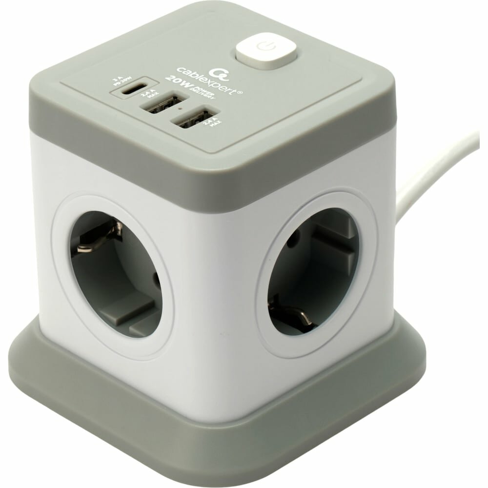 Сетевой фильтр Cablexpert Tower 4р, 10А, 1xType-C PD, 20Вт, 2хUSB, 2м, ур. защиты 2+, белый, кор, TWR-4-CU2-W-2