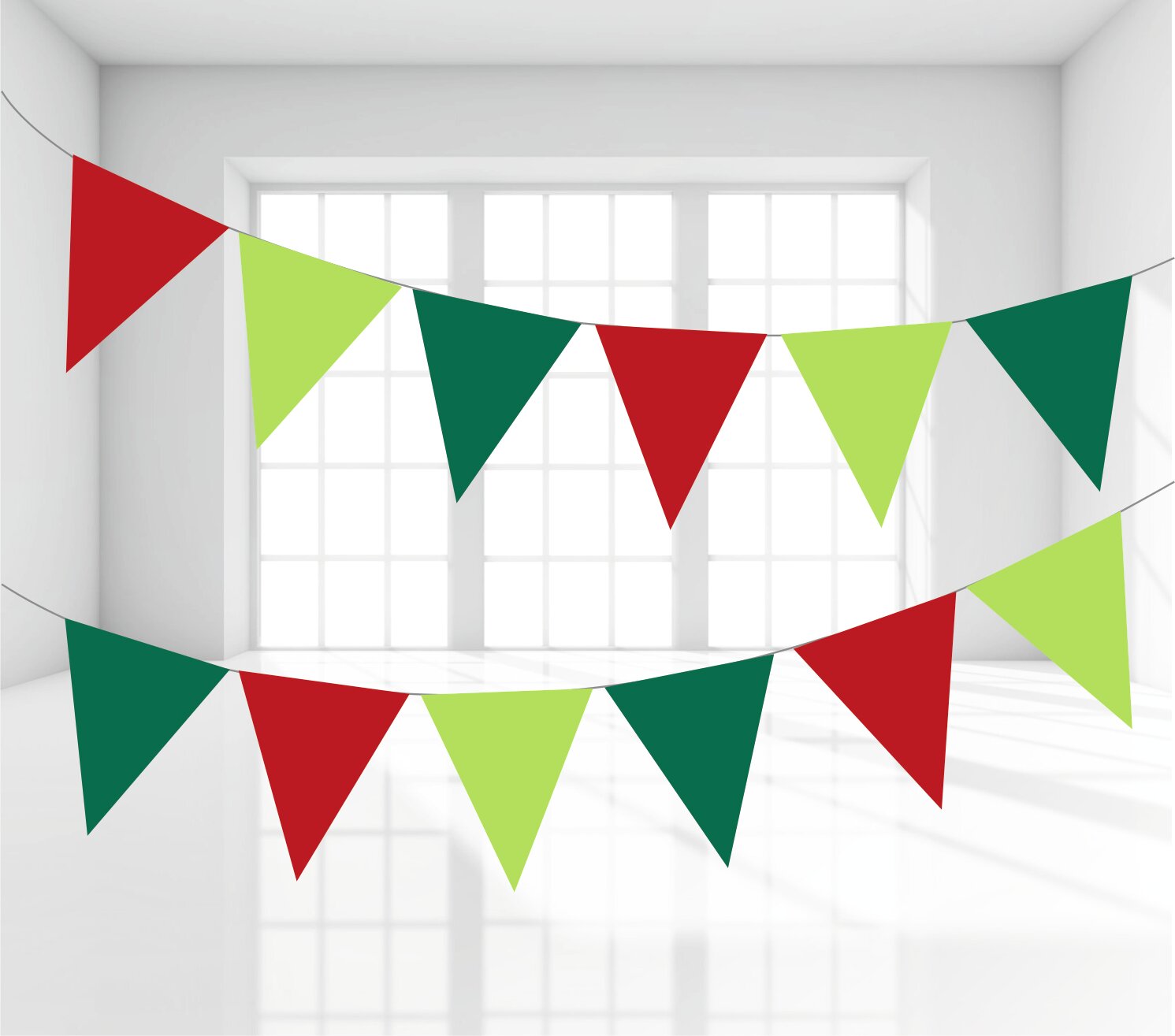 Гирлянда-вымпел Зеленый светлый-Зеленый темный- Красный, 14 вымпелов для украшения интерьера