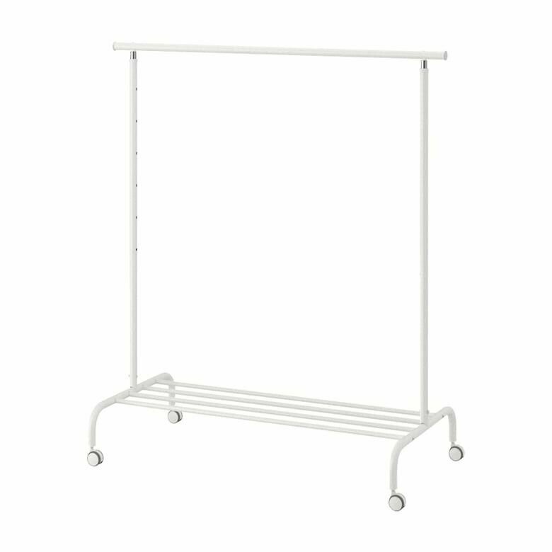 Напольная вешалка RIGGA икеа с регулируемой высотой и полкой для обуви, белая, стальная конструкция