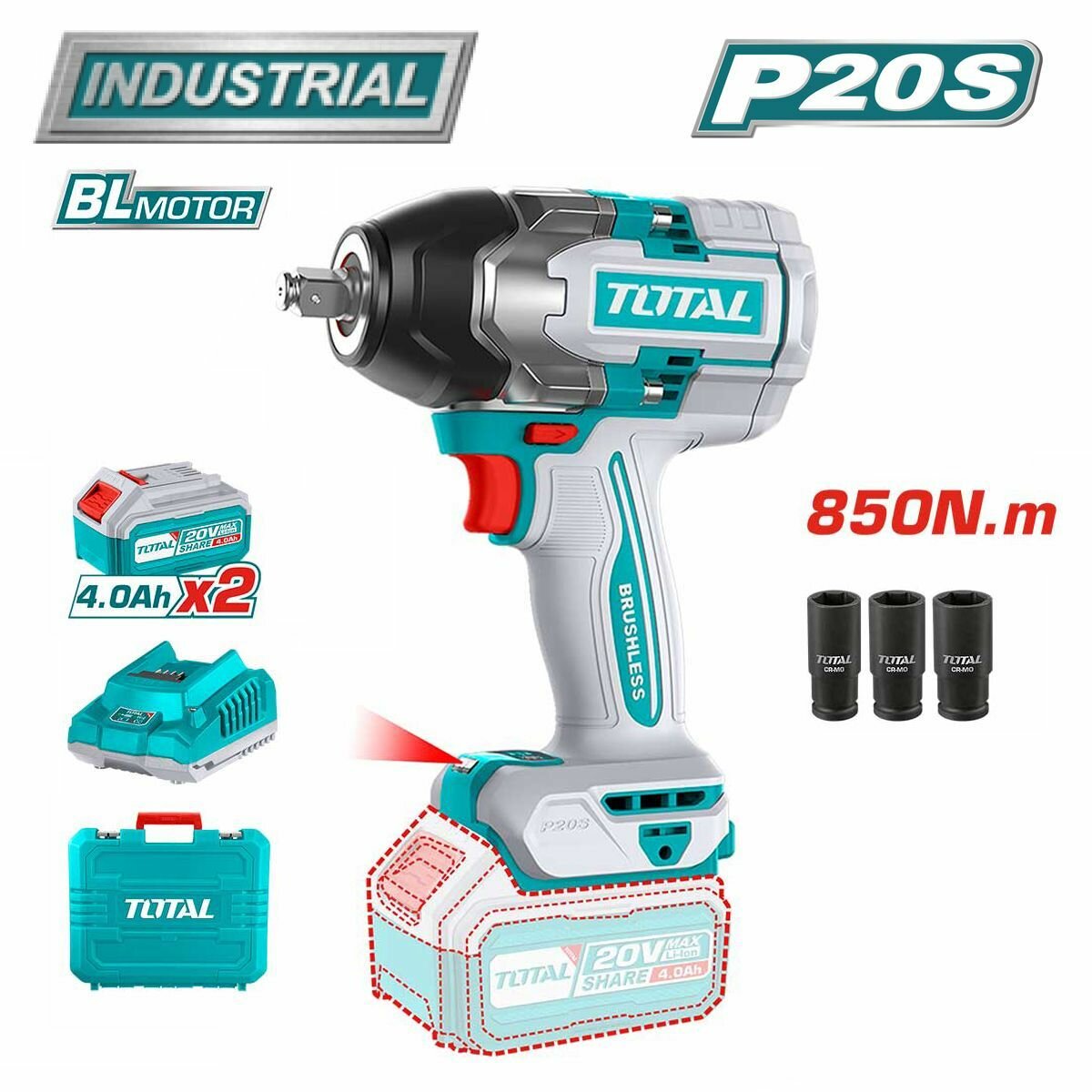 Гайковерт аккумуляторный TOTAL TIWLI2085, 2 аккумулятора, ЗУ, подсветка, кейс