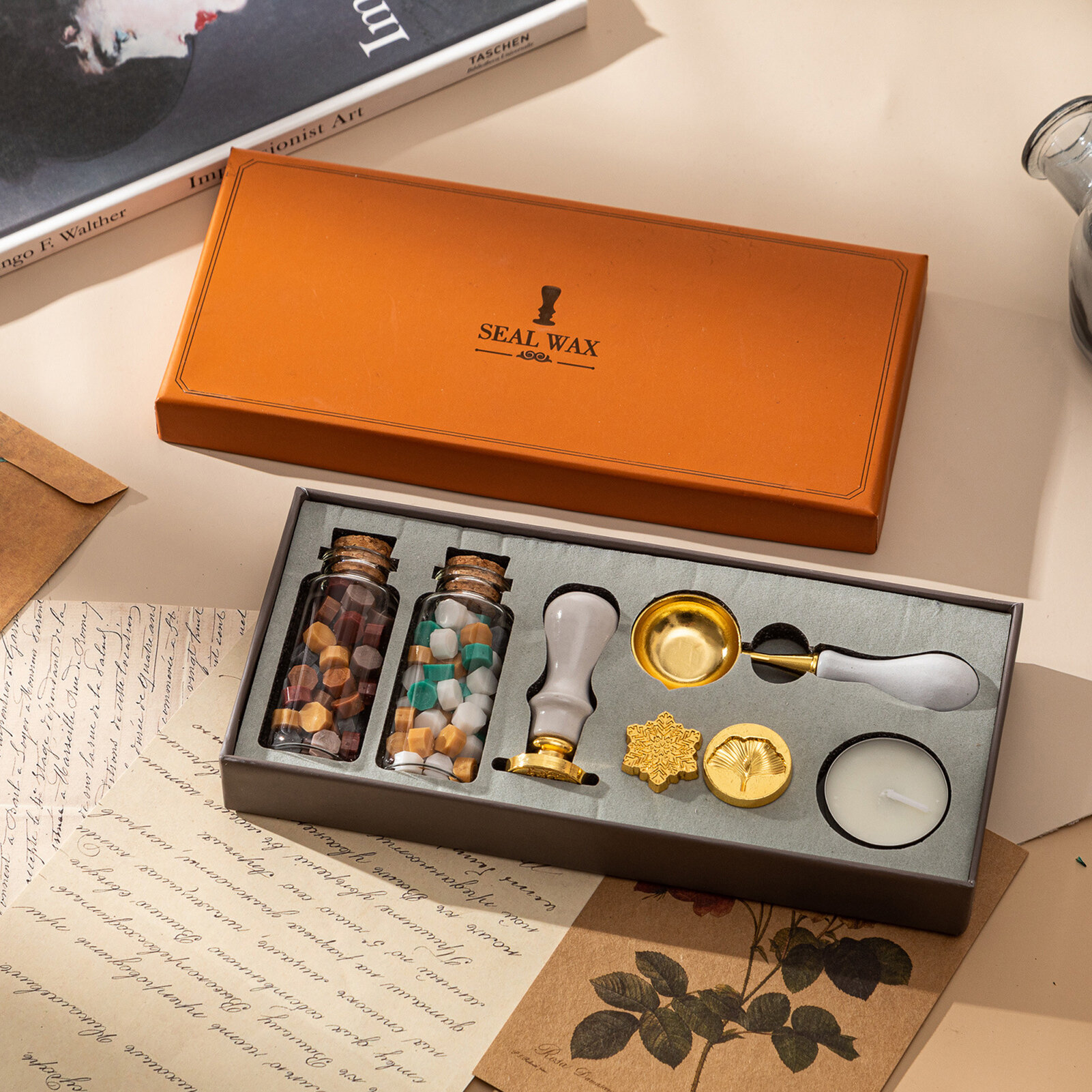 Печатный комплект штампов восковой печати с штампом 3pcs Seal и 2 бутылками восковых бусин ложки/свеча для рождественских винтажных конвертов.