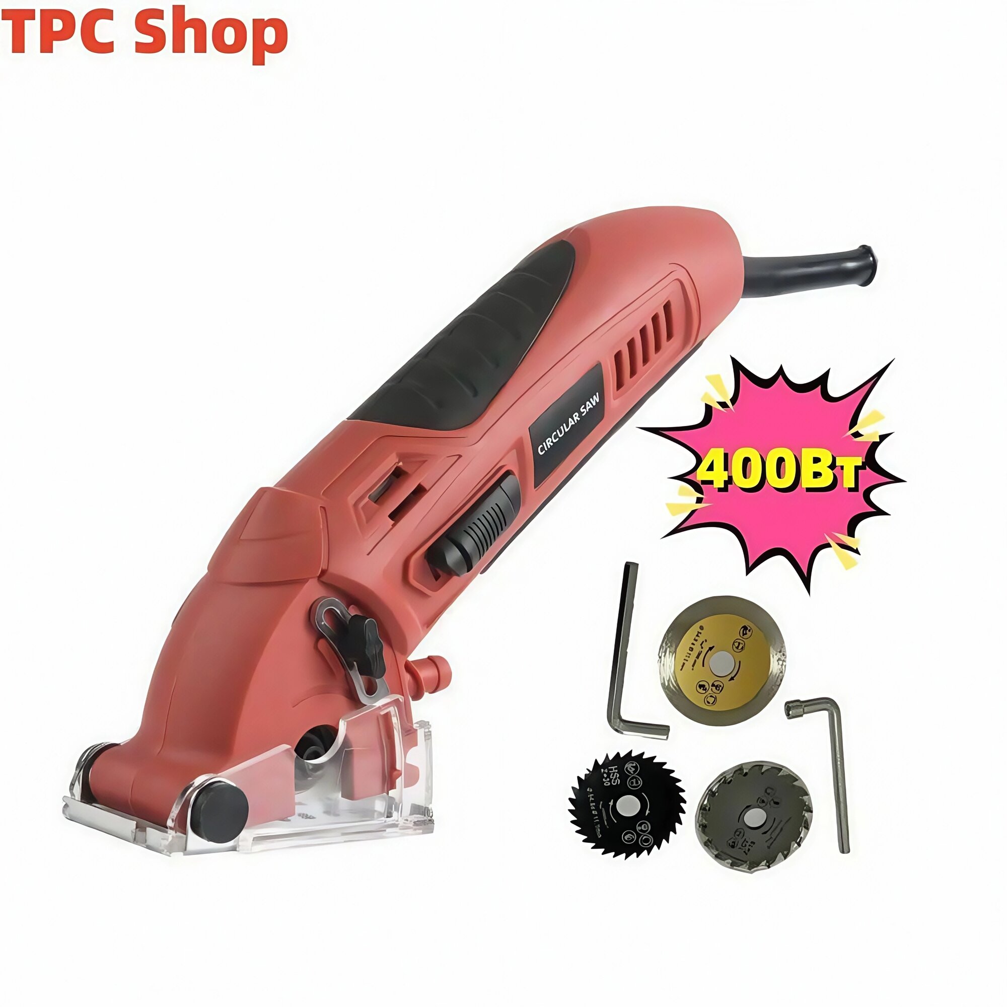 Мини-циркулярная пила, мощность 400Вт, наклонный распил, прорезиненная ручка, красная