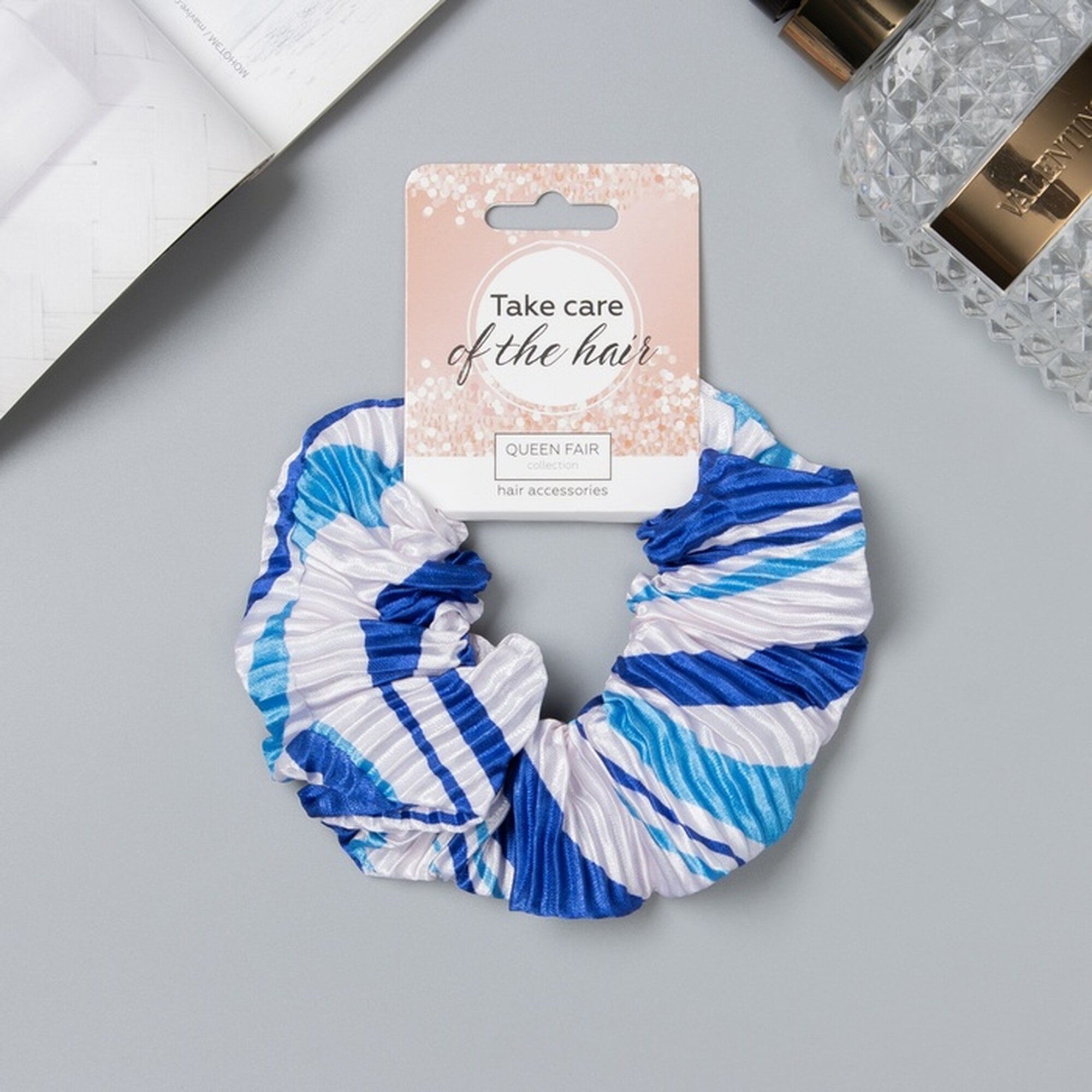 Резинка для волос Queen Fair "Орбита", жатка, полосы, текстиль, синяя, 12см