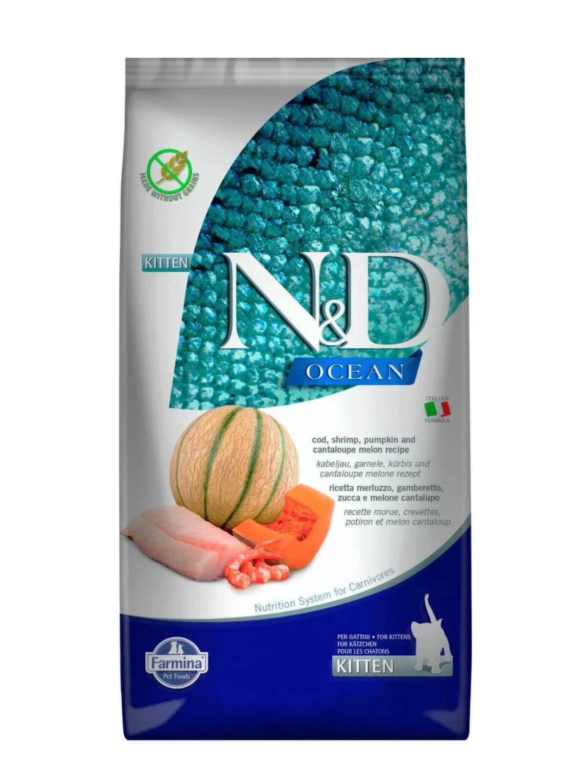 Сухой корм Farmina ND Ocean Cat Cod, Shrimp, Pumpkin, Cantaloupe Melon Kitten для котят, треска, креветка, тыква и дыня, 5кг