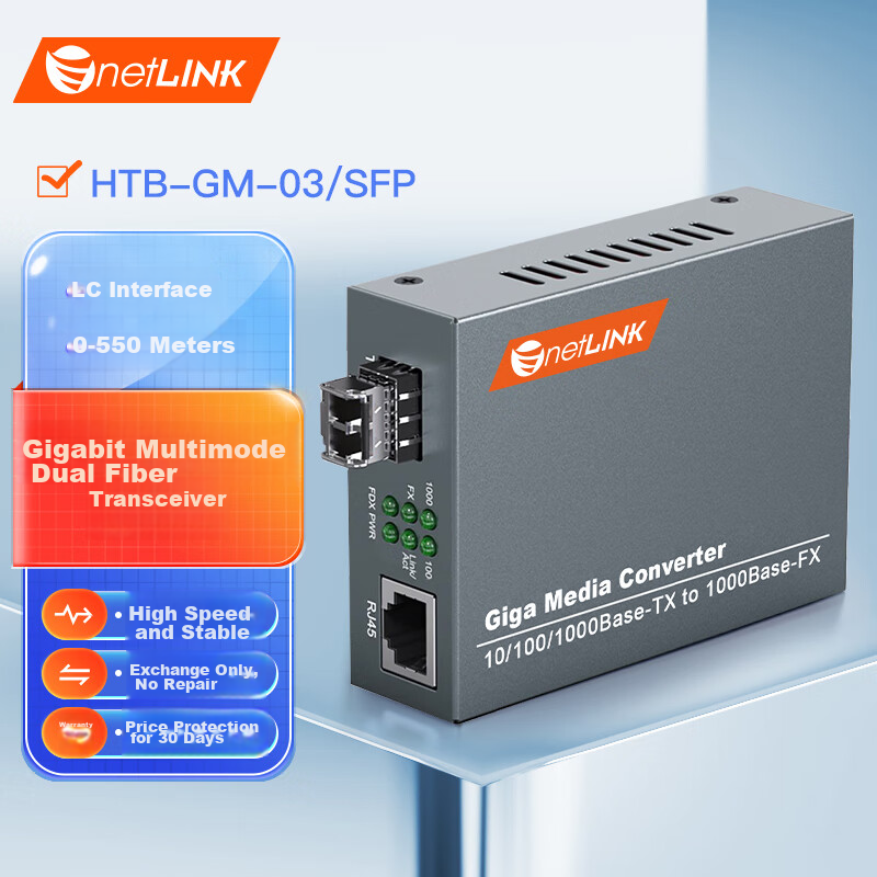 NetLINK HTB-GM Gigabit Multi-Mode Dual-Fiber Optic Transceiver, SFP Optical-Electrical Converter, LC Interface, External Power Supply, Commercial Grade, One Unit