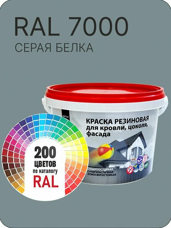 Краска резиновая для кровли, цоколя, фасада цвет серая белка Ral 7000 9 л