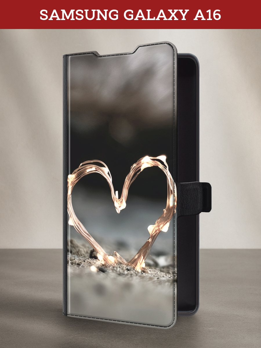 Чехол-книжка на Samsung Galaxy A16 / Самсунг А16 с принтом Сердечко из гирлянды, черный
