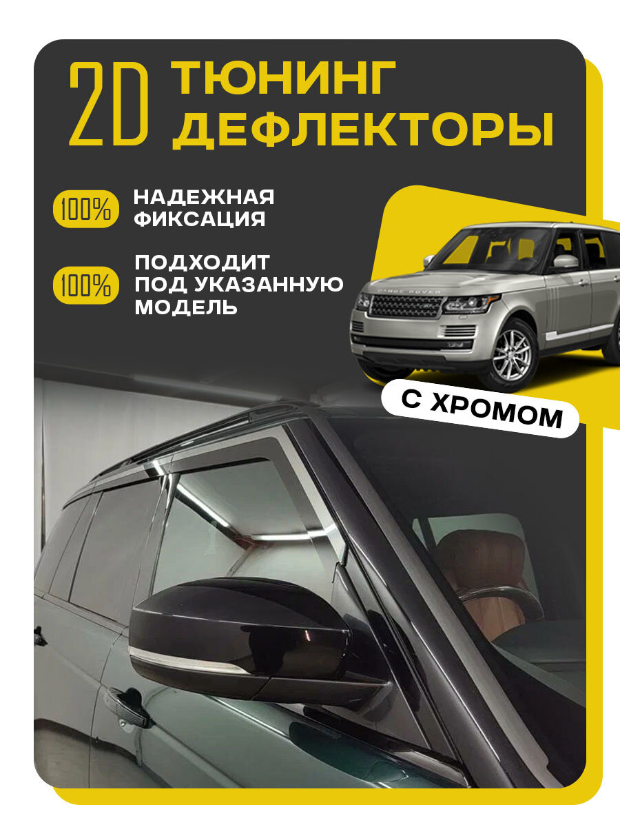 Плоские тюнинг дефлекторы с хромом для Land Rover Range Rover 4 (2012-2022) Ветровики для Ленд Ровер Рендж Ровер Вог 4 поколение / 2d дефлекторы. Комплект 6 шт.