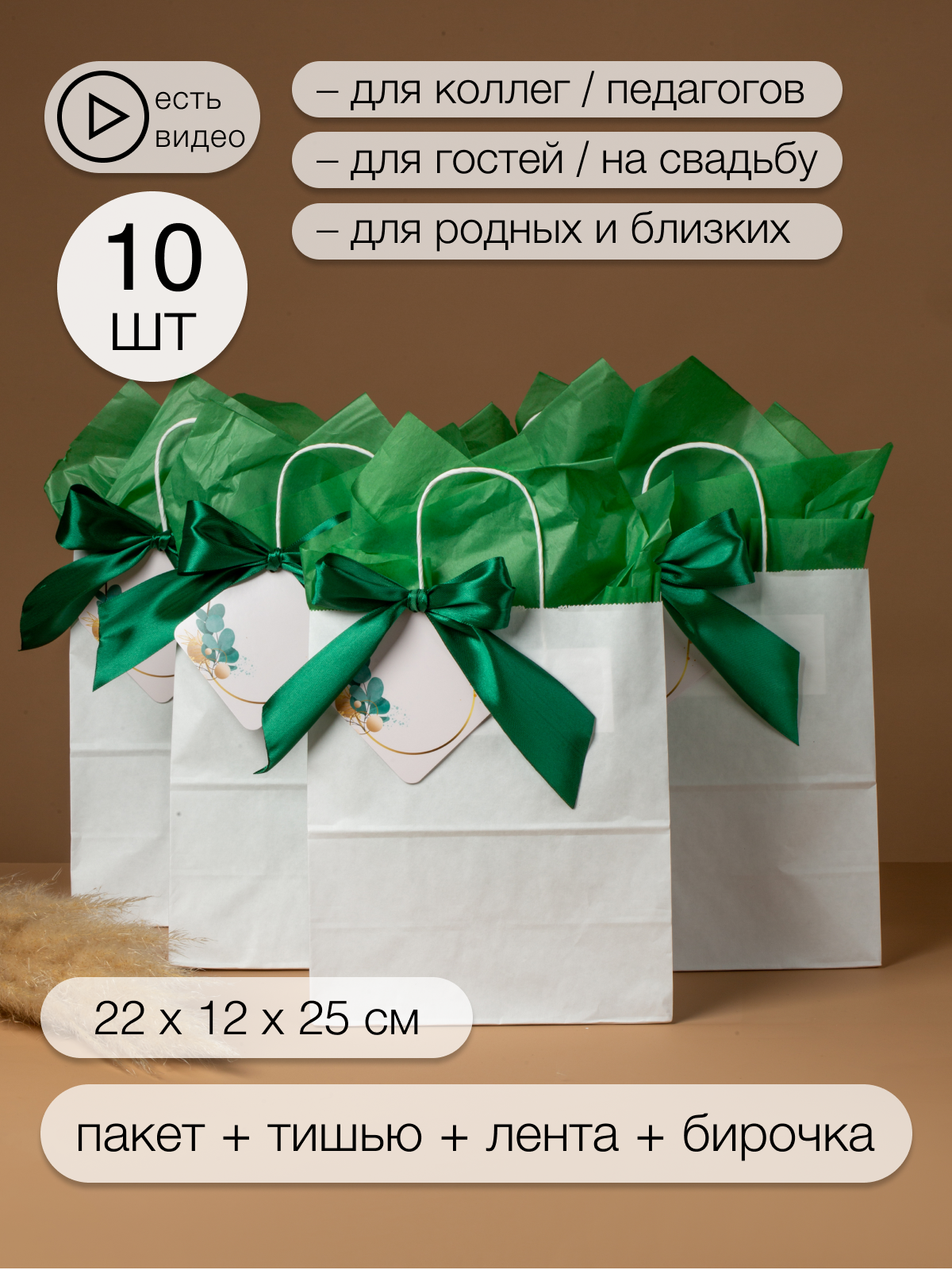 Подарочные пакеты "Sinitsa EcoShop", бумага, атлас, крафт, с декором, 10 штук
