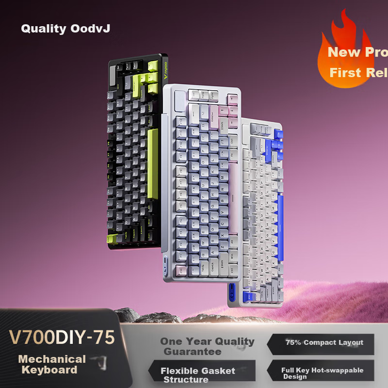Rapoo V700DIY-75 Wireless Mechanical Keyboard with Wired Bluetooth Three Modes Gasket Customized 7-Layer Filling Silencing Full Key Hot-swappable E-sports Gaming Office Keyboard Blue Gray Pink