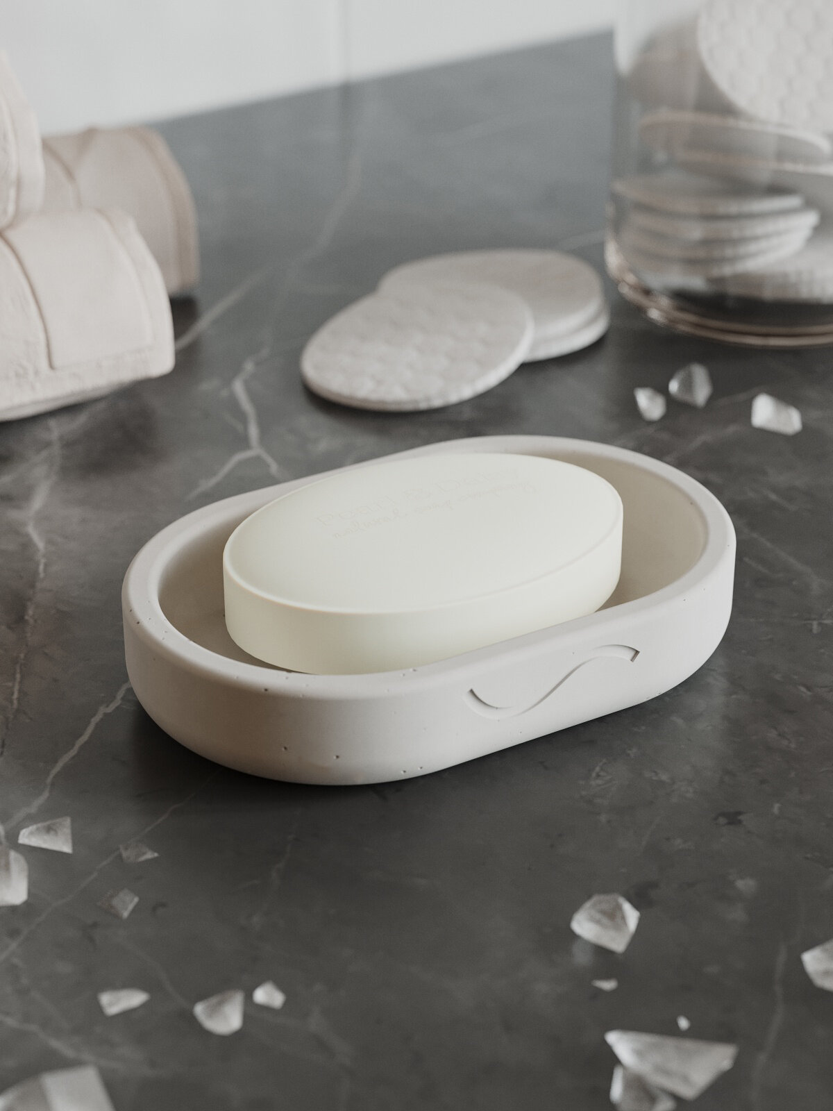 Мыльница для ванной и кухни Astrid из бетона, овальная, белая матовая